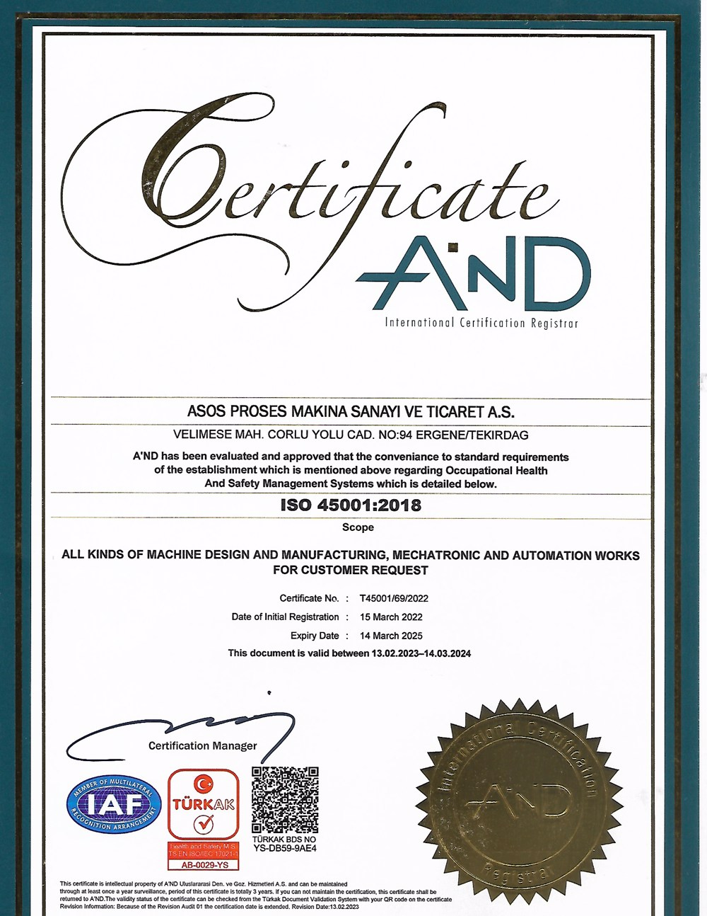 Sertifikalar - Kurumsal | Asos Process Engineering