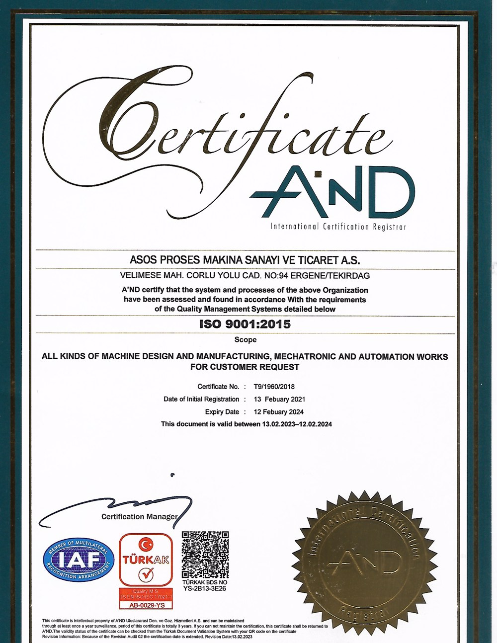 Sertifikalar - Kurumsal | Asos Process Engineering